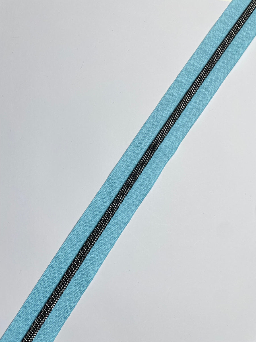 GUN METAL teeth Pale Blue tape - No5 Zipper tape - Comes as 1-1/2 metr ...